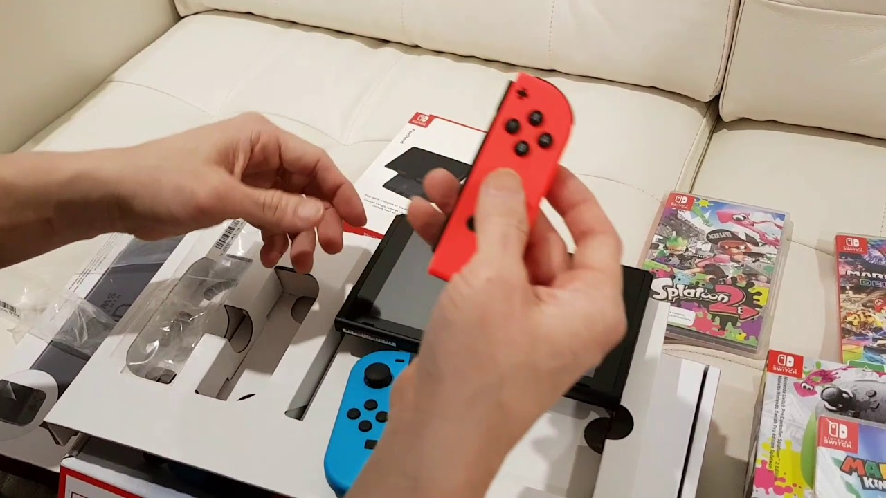 Nintendo Switch Neon + Splatoon pro controller + switch case unboxing ...
