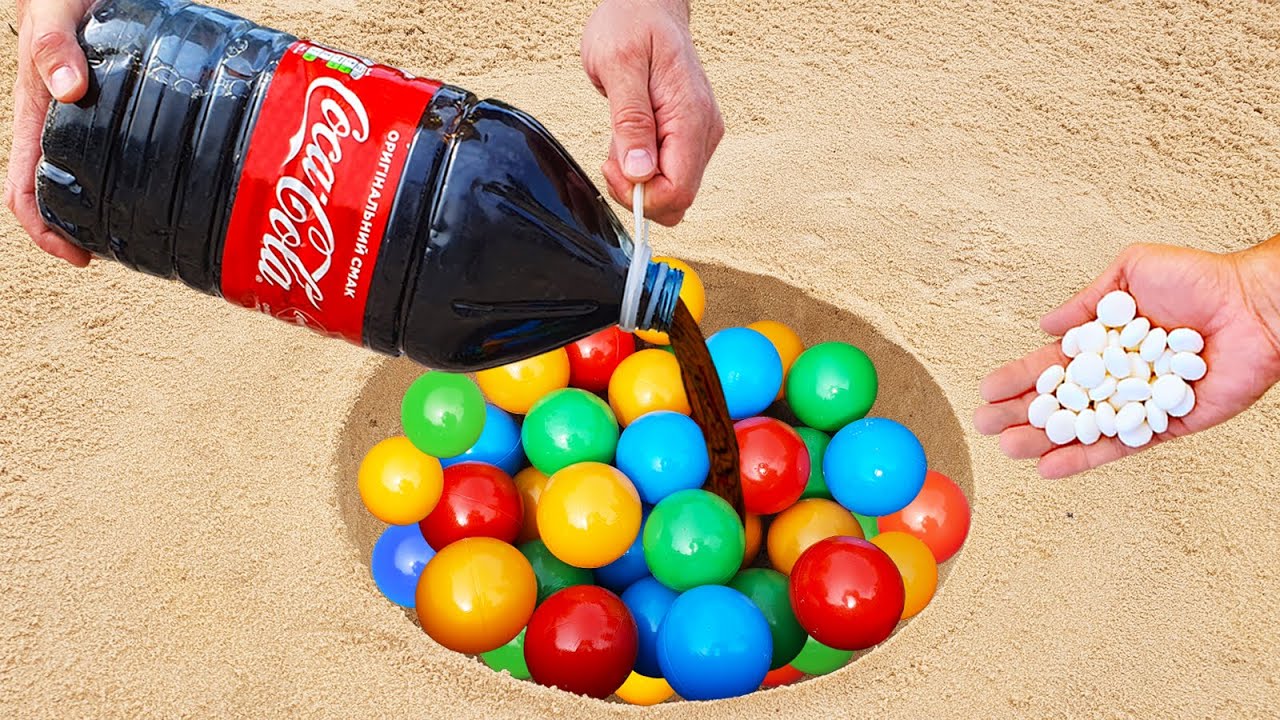 Experiment: a Bottle of Coca-Cola vs Mentos and Balls Underground - YouTube
