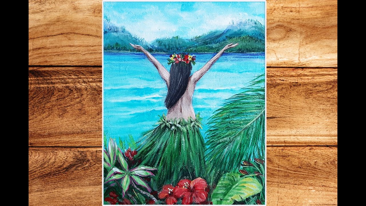 Woman on the Beach/ Hula Girl / Landscape Acrylic Painting /Step by ...