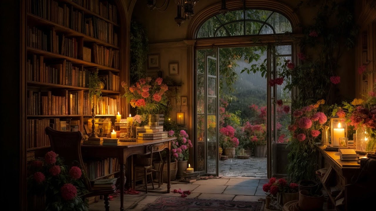 [ Library Morning Rain with Distant Thunder] Peaceful Study Atmosphere ...