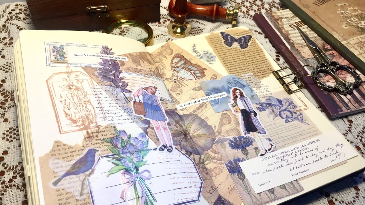 blue themed | vintage journal with me | no talking - YouTube