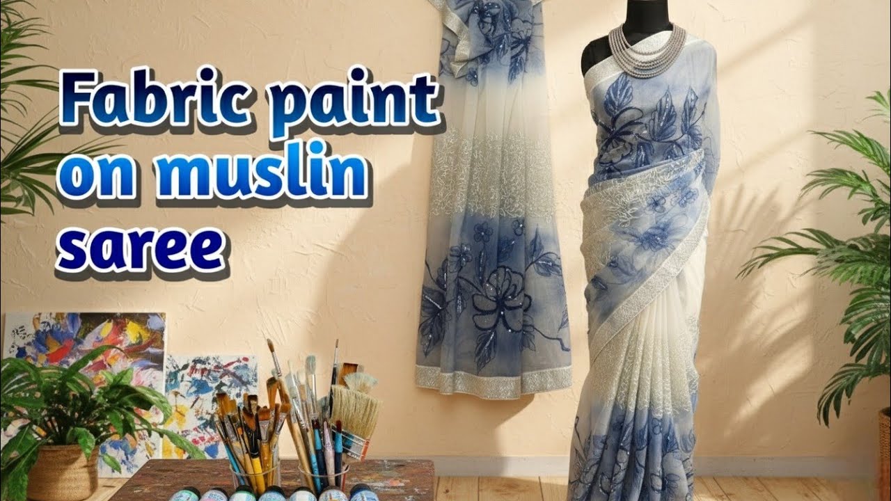One color design fabric paint muslin saree - YouTube