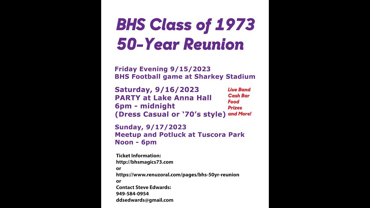 BHS Class of 1973 50th Reunion ticket ordering - YouTube
