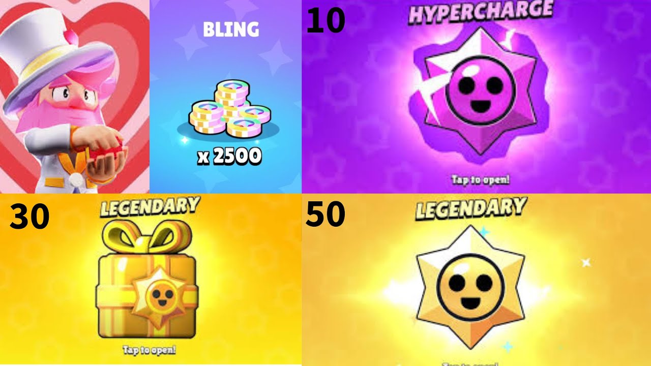 I open 10 hypercharge drops, 50 starr drop and 30 presents - Brawl ...