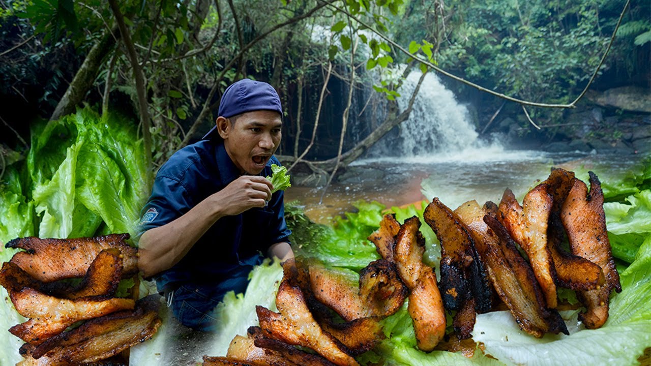 Cooking Pork For Food with beautiful Waterfall - YouTube