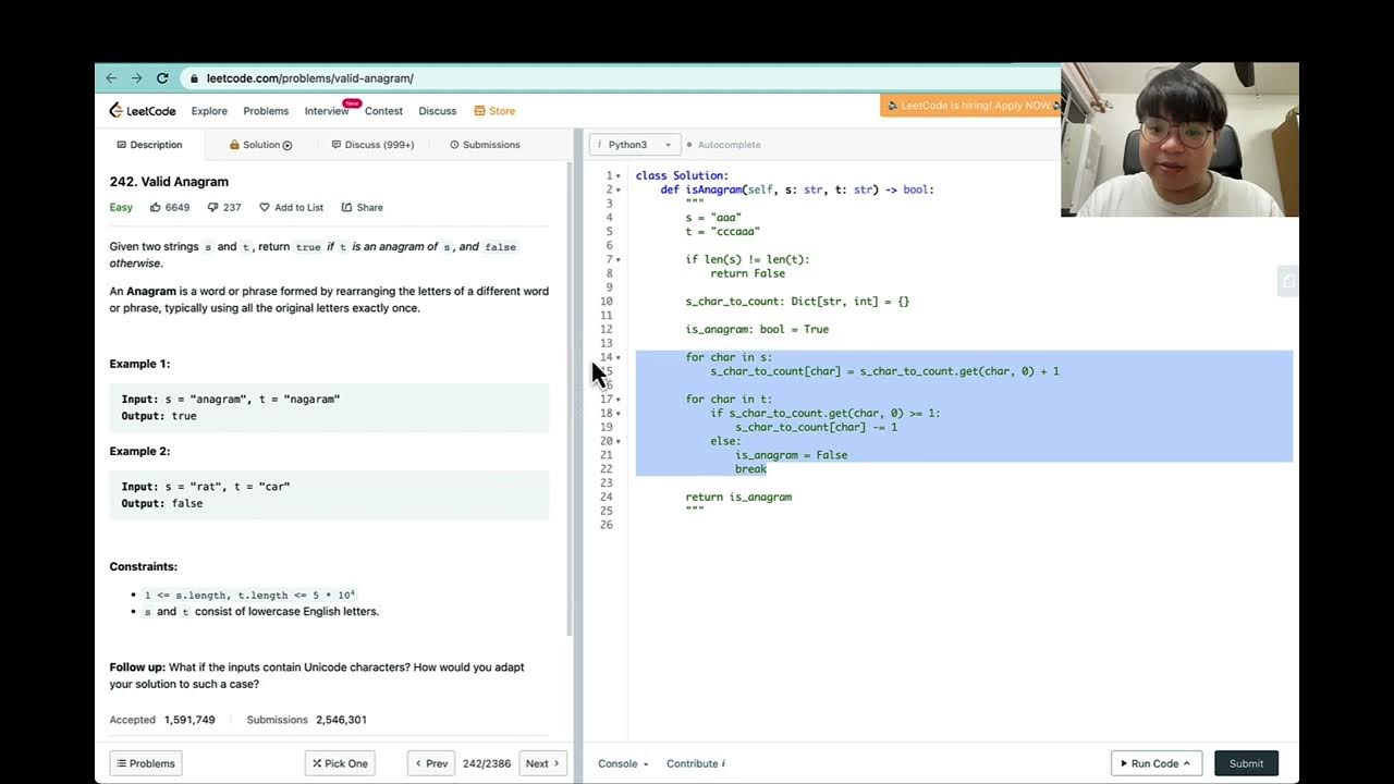 Leetcode Python - Easy - Valid Anagrams (Linear - Single Pointer) - YouTube