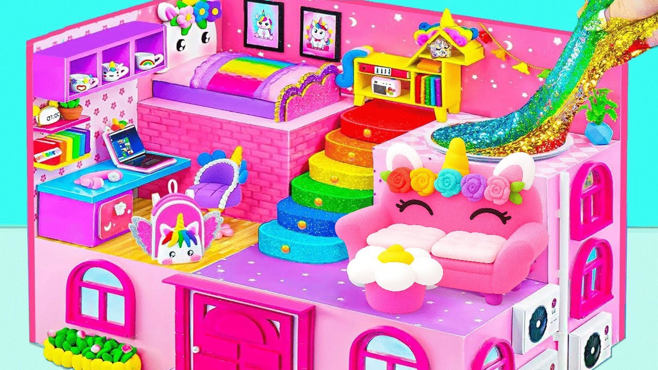 How To Build 3-Story Unicorn Dollhouse from Cardboard with Rainbow Stairs & Slime Slide ️ DIY ...