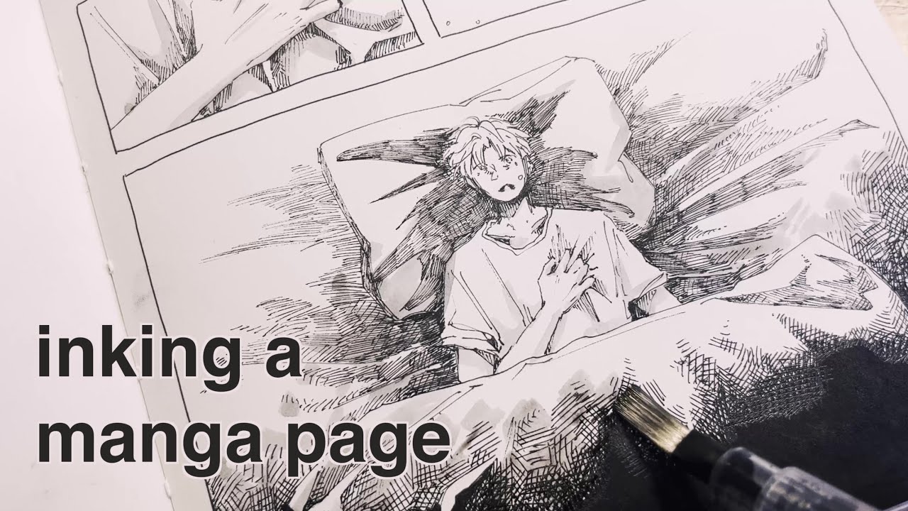 inking a manga page | relaxing drawing process - YouTube
