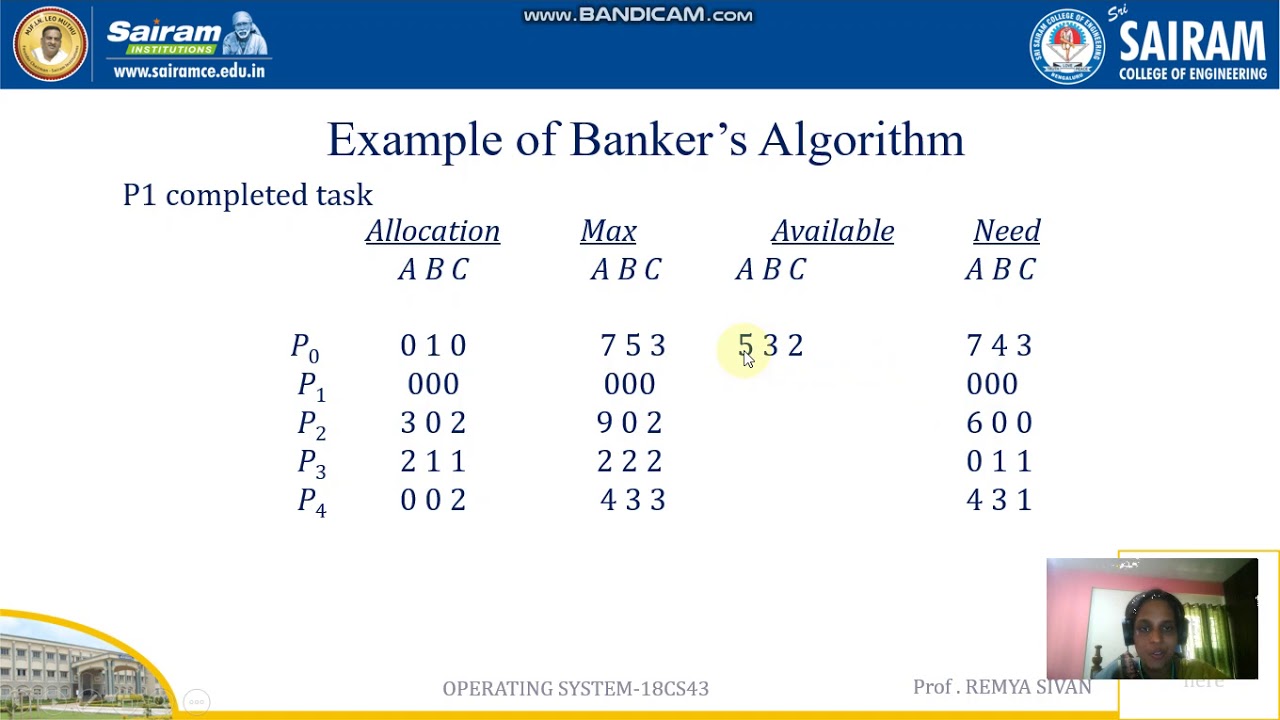 LECTURE VIDEO 18CS43 MODULE3 BANKERS ALGORITHM 1 REMYA - YouTube