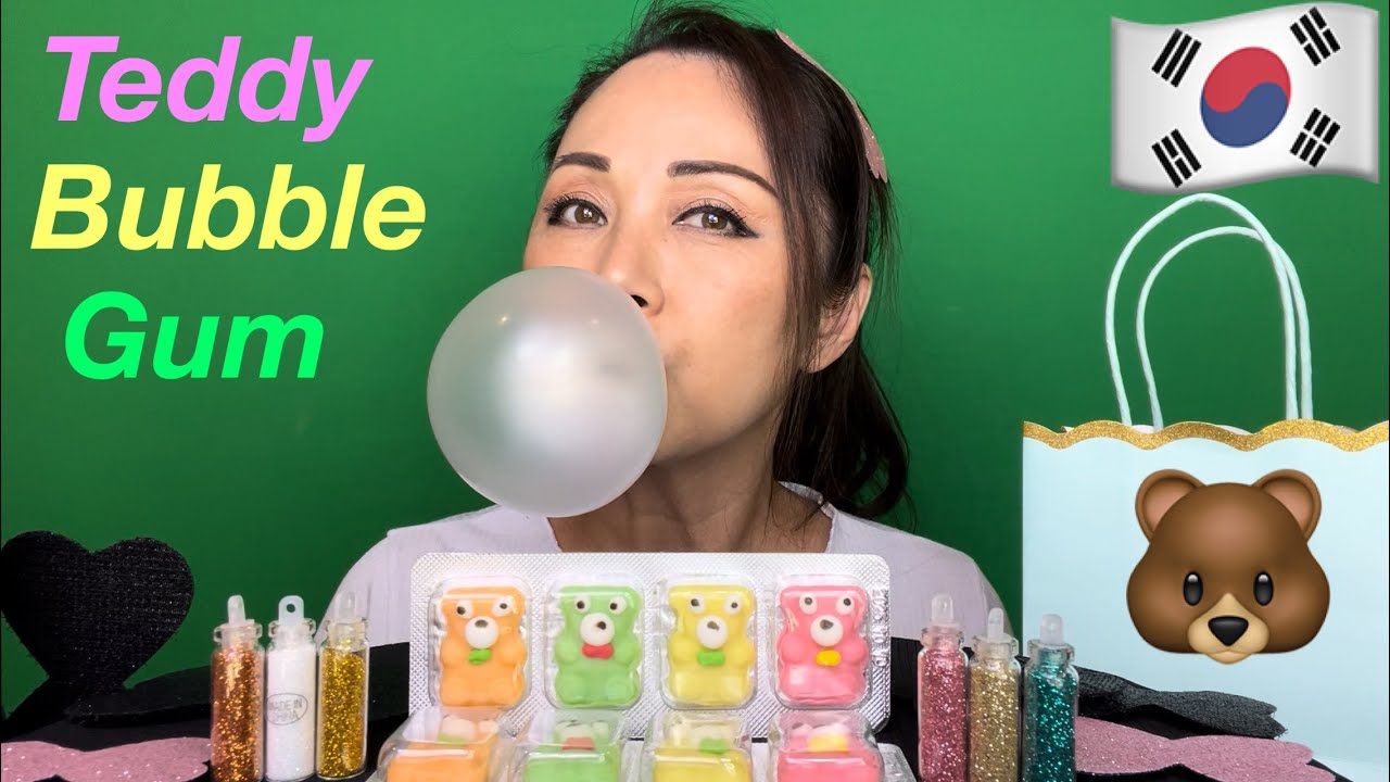 KOREAN TEDDY BEAR BUBBLE GUM: GUM SNAPPING, BLOWING BUBBLES #asmr # ...