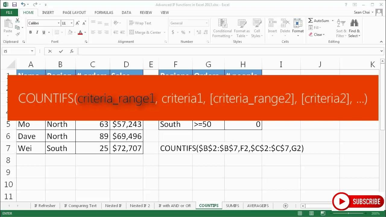 Excel 2013 training-Start using Excel for Advanced-Lesson-4-COUNTIFS and SUMIFS Functions. - YouTube