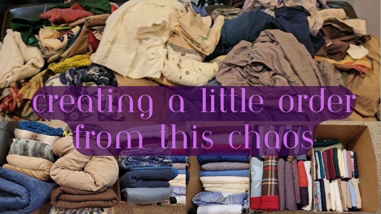 Sorting & folding pillowcases, shams, blankets from hoarder home ...