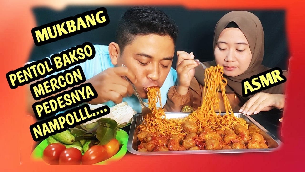 MUKBANG ASMR PENTOL BAKSO MERCON+MIE KOREAN SPICY CHICKEN+TOMATO+DAUN ...