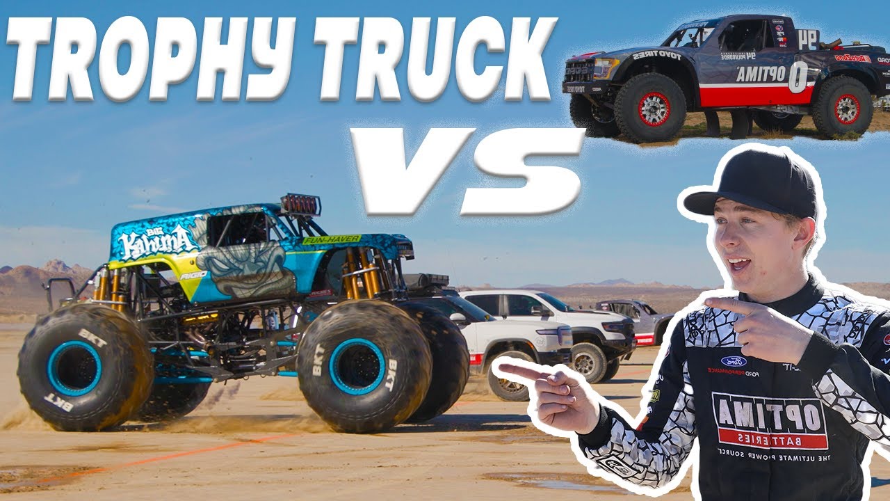 Drag Racing a MONSTER TRUCK with my 1000hp Trophy Truck!!! - YouTube