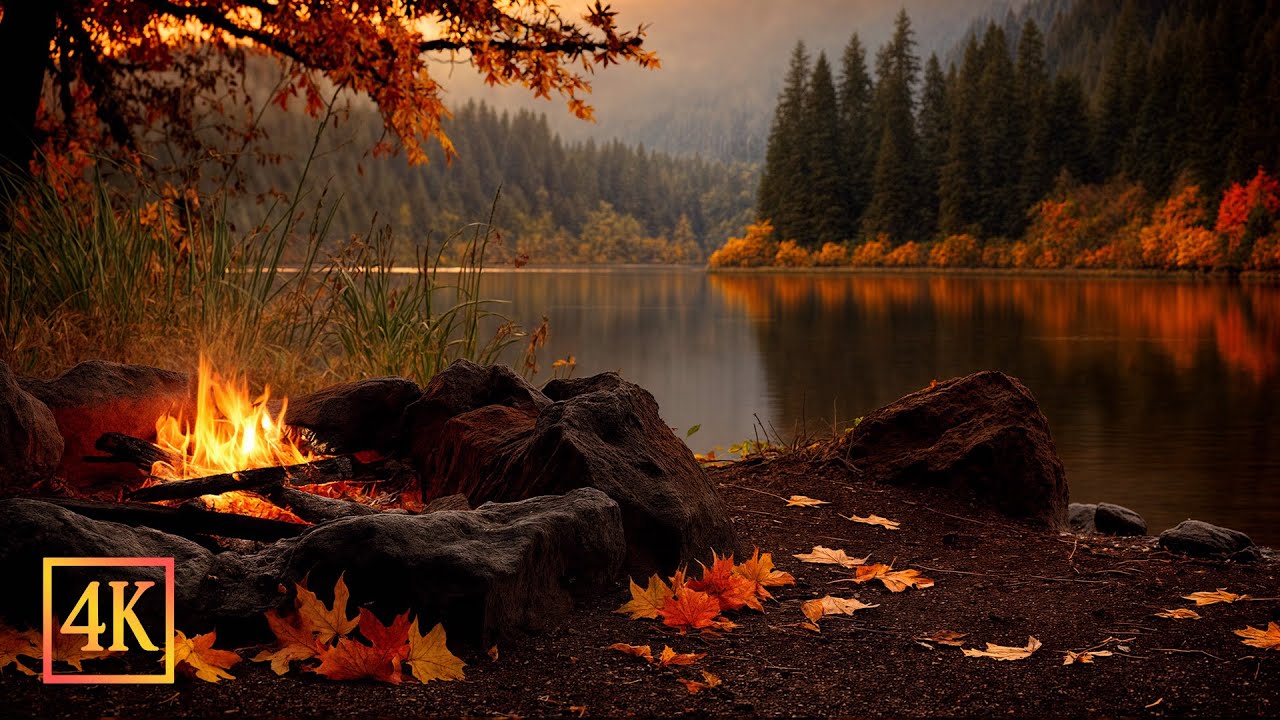 Golden Autumn Sunset Campfire — Relaxing Lakeside Ambience for Peaceful ...