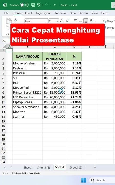 CARA CEPAT MENGHITUNG NILAI PROSENTASE #excel #exceltips #exceltricks #exceltutorial #tutorial ...