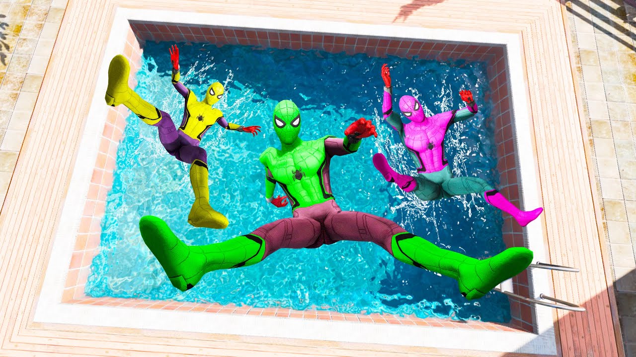 GTA 5 Rainbow Green Vs Yellow & Pink Spiderman Jumping Into Pool ...