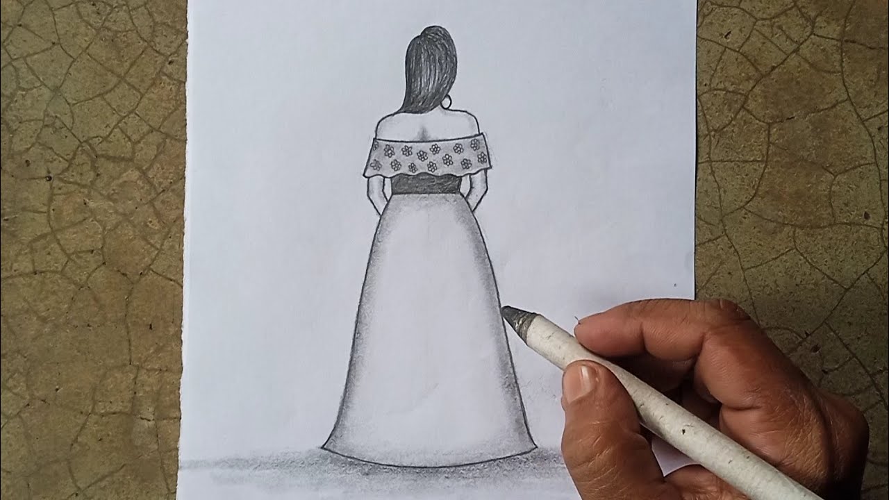 How to draw a back side girl with beautiful dress ll easy girl sketch ...