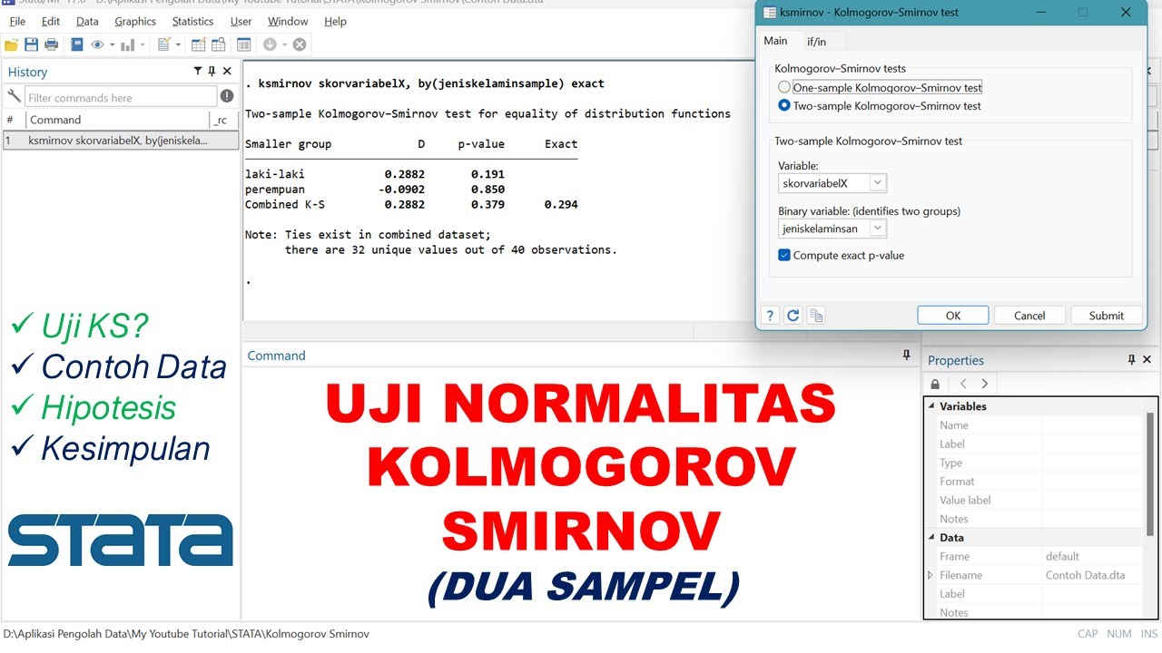 STATA: UJI NORMALITAS KOLMOGORV SMIRNOV DUA SAMPEL - YouTube