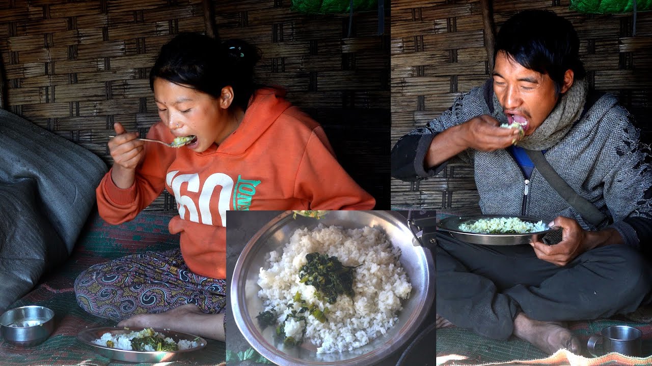 Mustard greens & rice || husband & wife in their lunch in the jungle ...