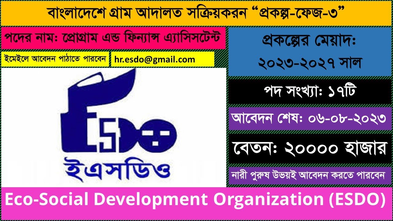 ২০০০০ টাকায় প্রোগ্রাম এন্ড ফিন্যান্স এ্যাসিসটেন্ট পদে ইএসডিও সংস্থায় ...