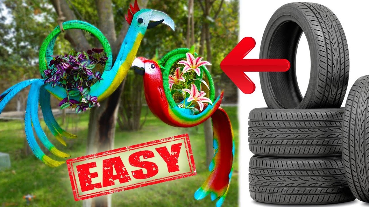 Awesome DIY handmade! How to make a beautiful parrot from an old tire ...