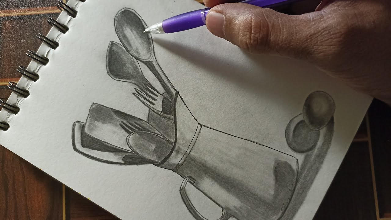 Spoon set easy pencil drawing - Abu Arts - YouTube