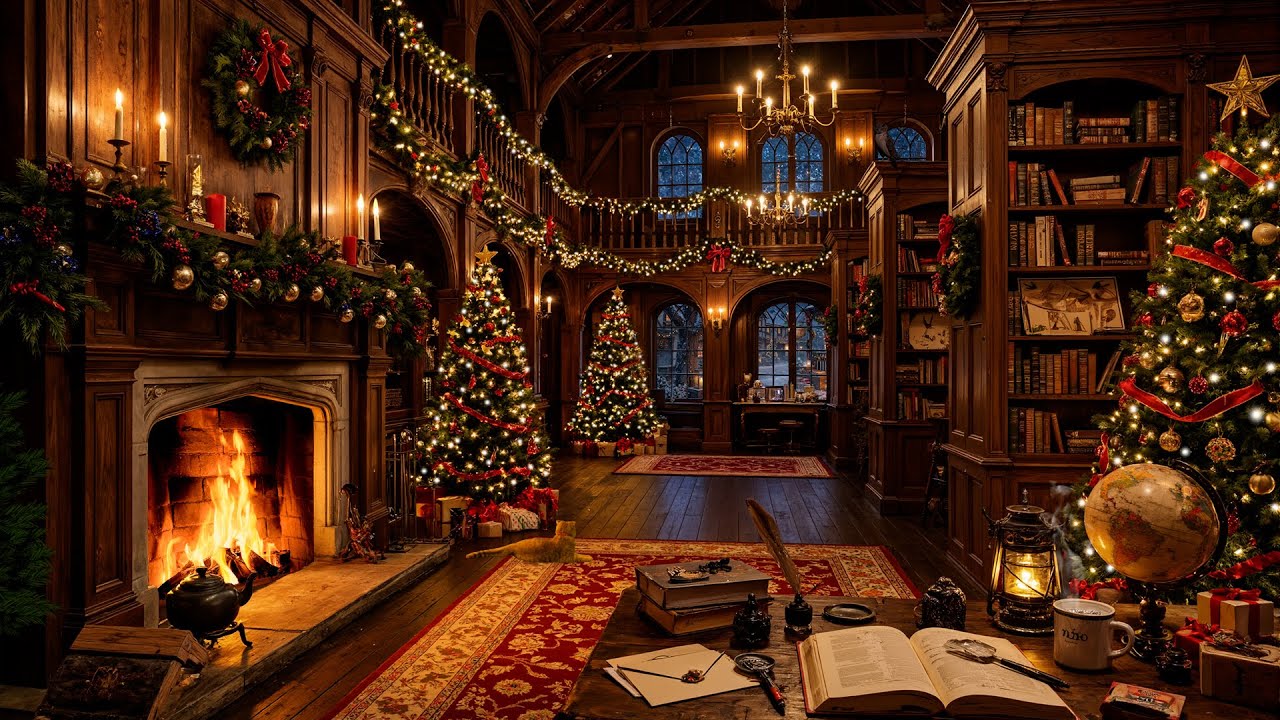 Magical Christmas Library for Cozy Winter Nights🎄 Crackling Fireplace ...