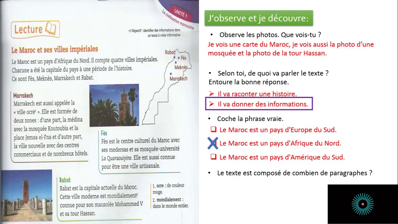 Lecture: Le Maroc et ses villes impériales /unité 1 /s 2 /p 19 / mes ...