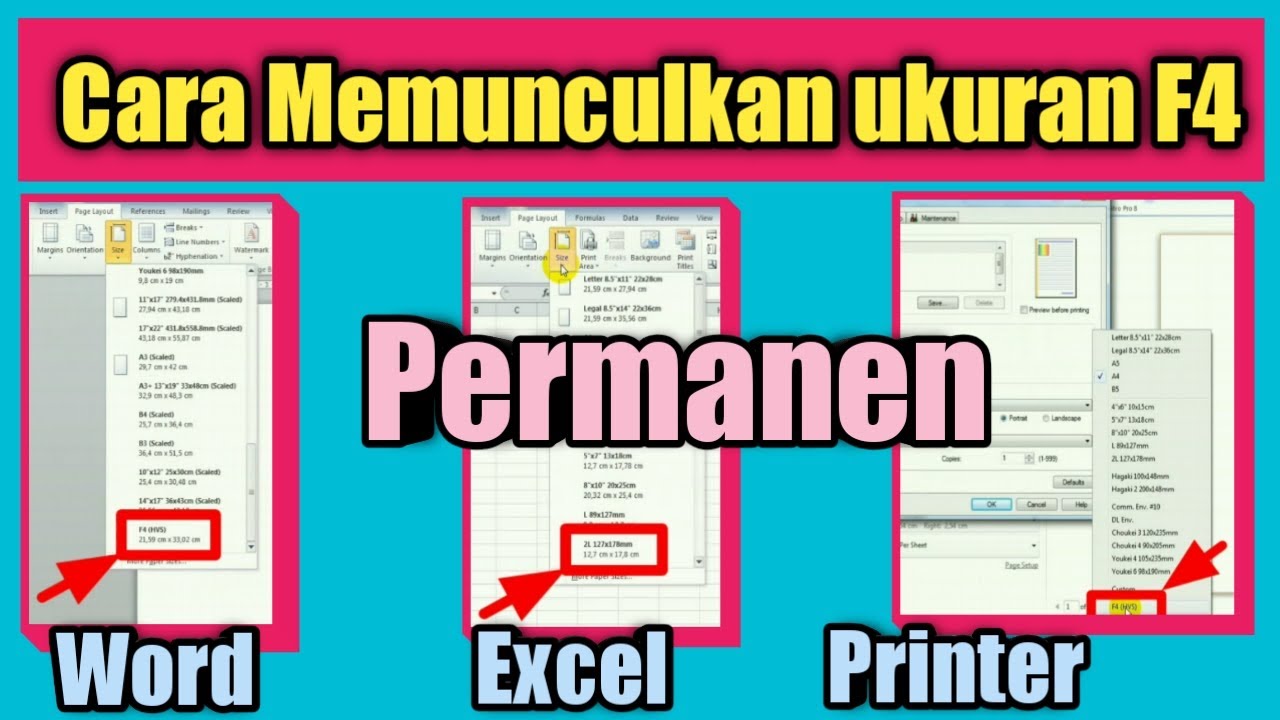Cara Memunculkan Ukuran Kertas F4 HVS di Word dan Excel Permanen - YouTube