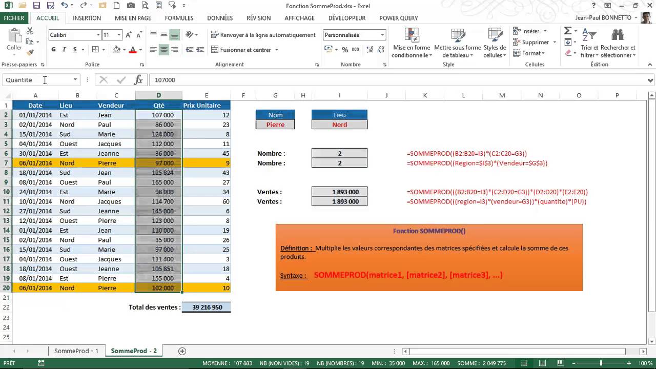 Excel - Comment utiliser la fonction SOMMEPROD() - YouTube