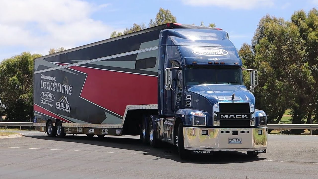 New Mack Anthem pulls sprint car transporter to Premier Speedway - YouTube