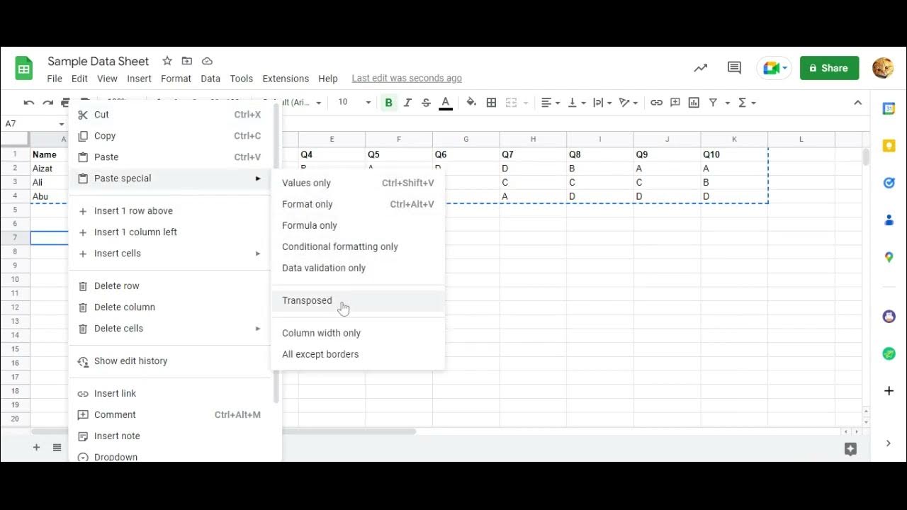 Use Transpose in Sheet (Google Sheets) - YouTube