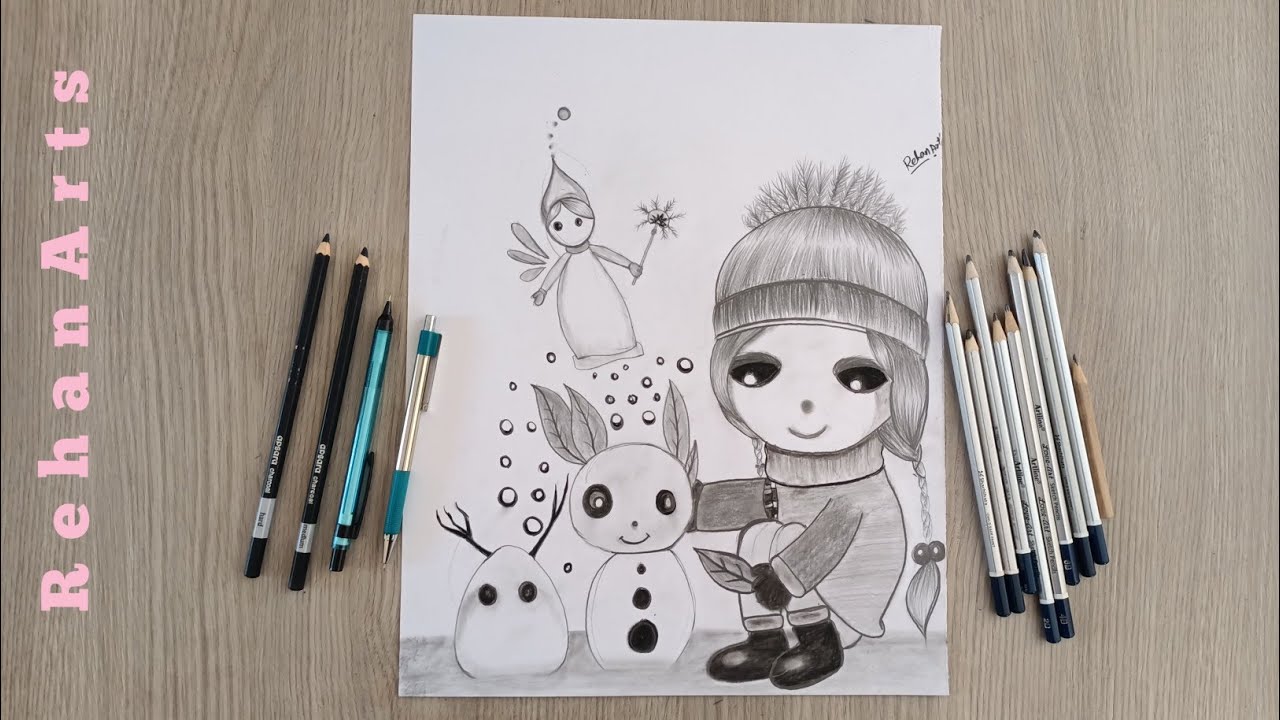 How to draw Winter season Snowman drawing || Girl making ice snowman ...