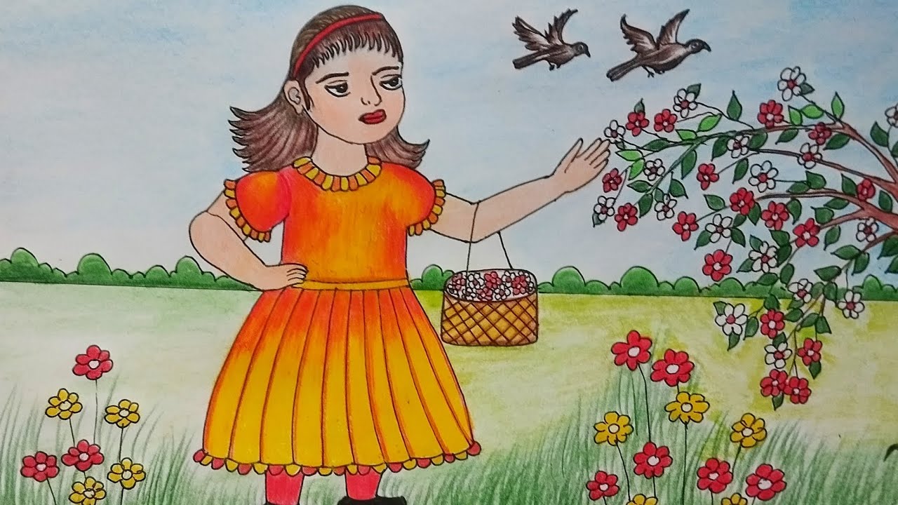 Spring season scenery drawing with colour pencil /Easy spring season ...
