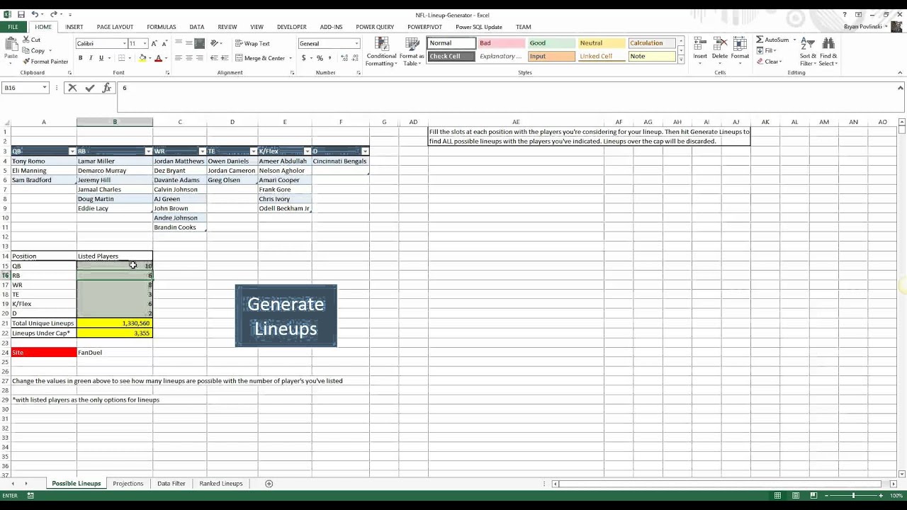 NFL Lineup Generator Demo - YouTube