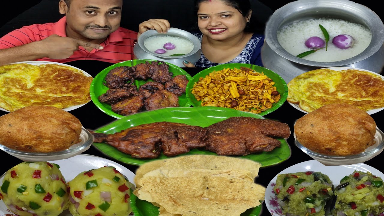 POKHAL BHAT /PANTA BHAT EATING CHALLENG FISH PAKODA ONION PAKODA EGG ...