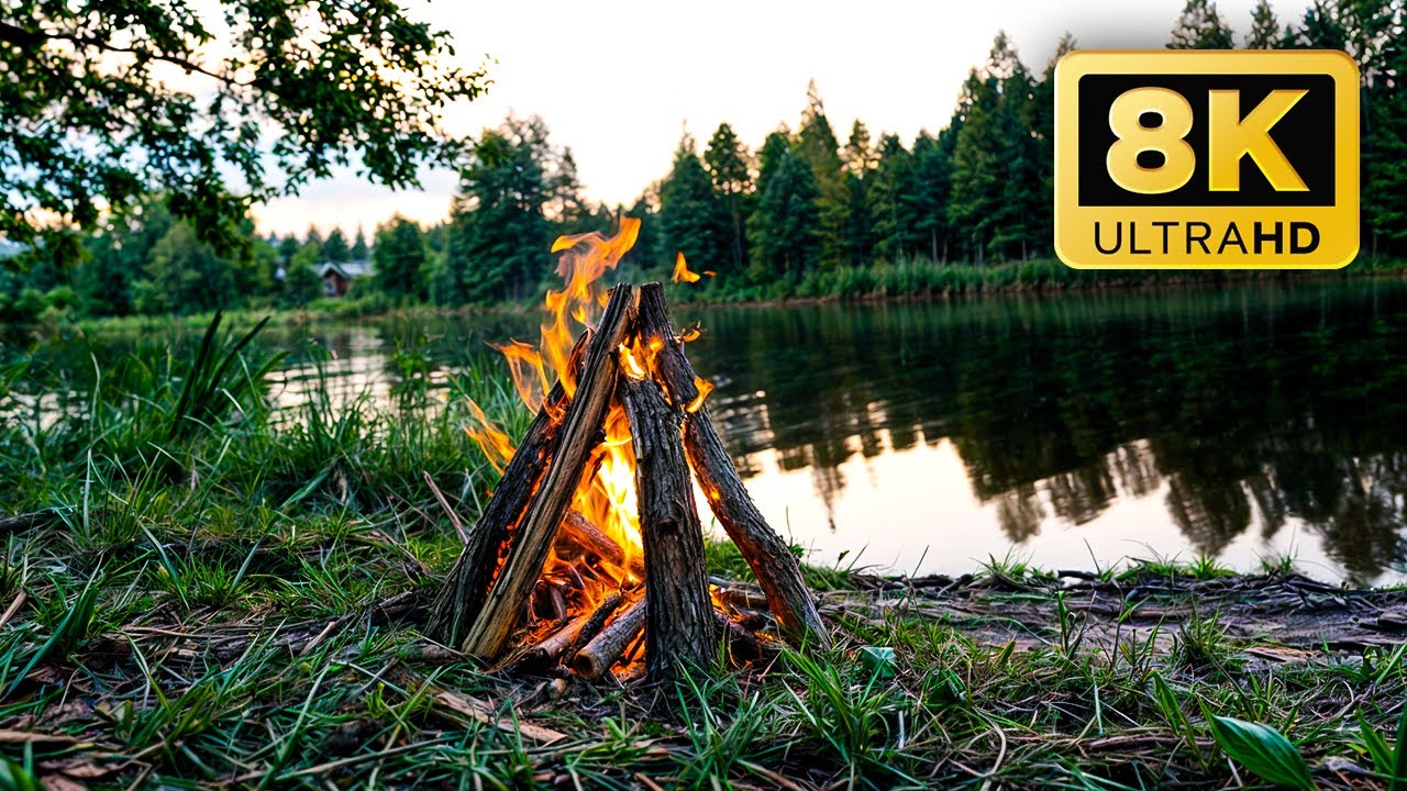 Slow Burn Campfire by the Lake | Cozy Ambience, Crackling Fire and Nature Sounds - YouTube