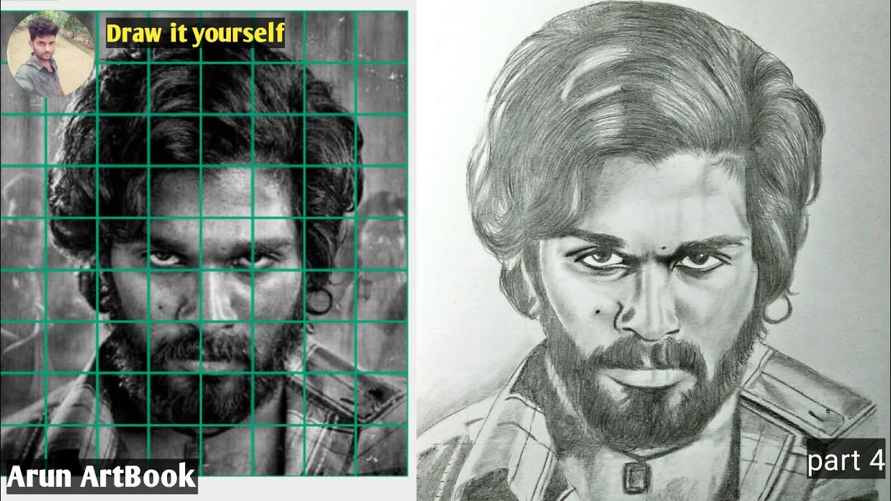 Allu Arjun pencil sketch | Grid method | part 4 | Pushpa movie | Arun ...