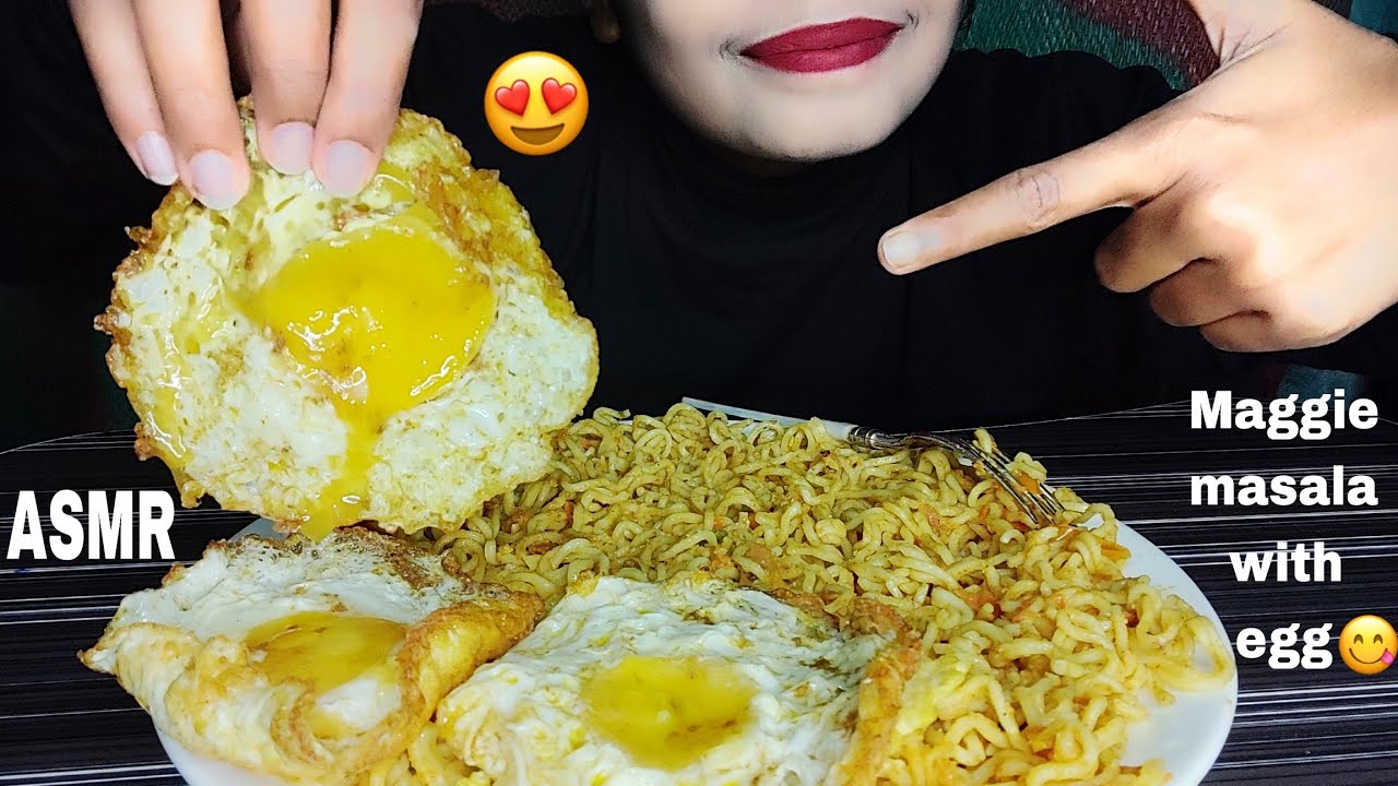 ASMR : Maggie masala+half boiled eggs| 4 packets spicy 🔥 Maggie eating ...