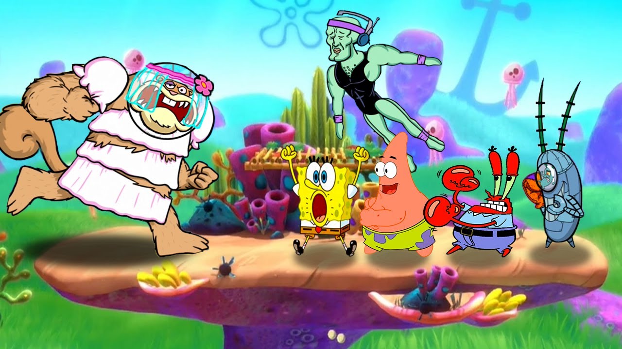 Angry Sandy Cheeks vs Patrick Star, Squidward, Mr Krabs, Plankton ...