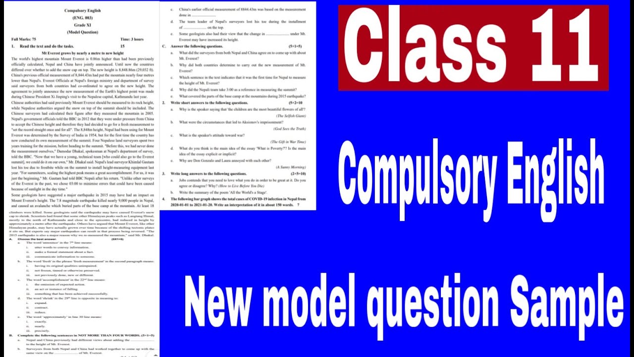 Class 11 l New compulsory English Model question Sample 2077-2078 ll E ...