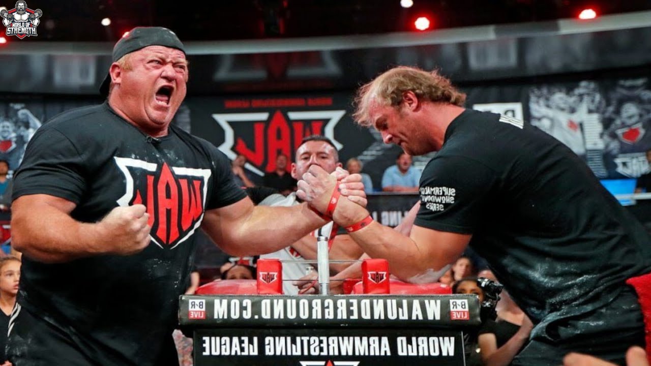 Arm wrestling champion Jerry Cadorette prepares to face Georgian Hulk