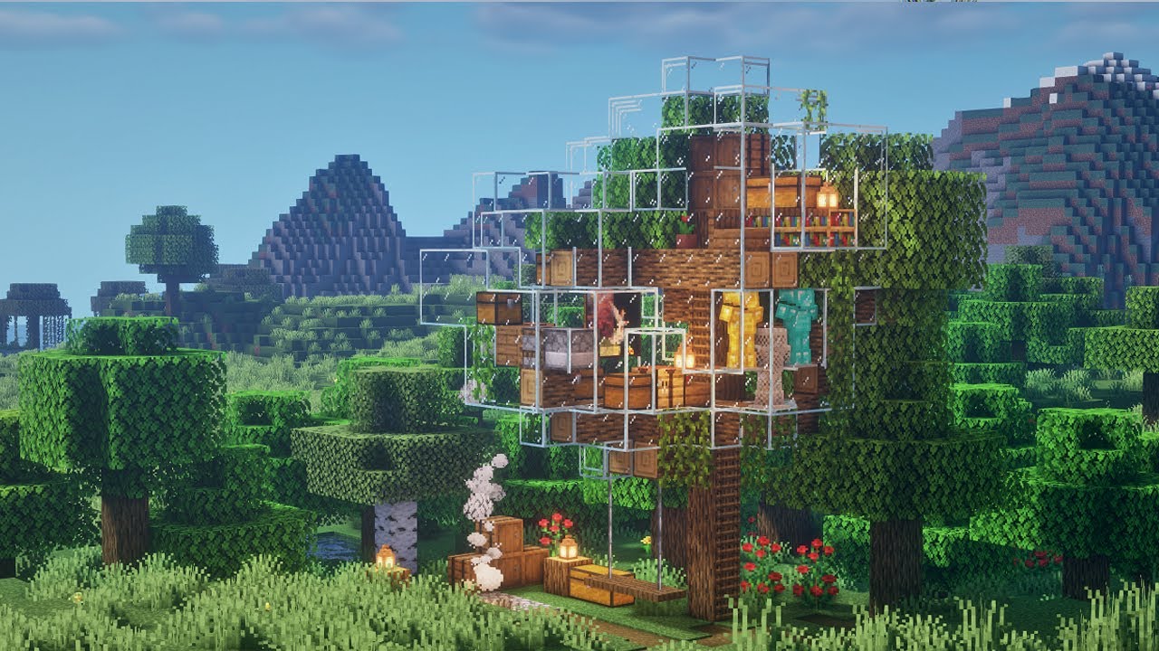 Minecraft : Tree house : Glass Tree House : Glass House - YouTube