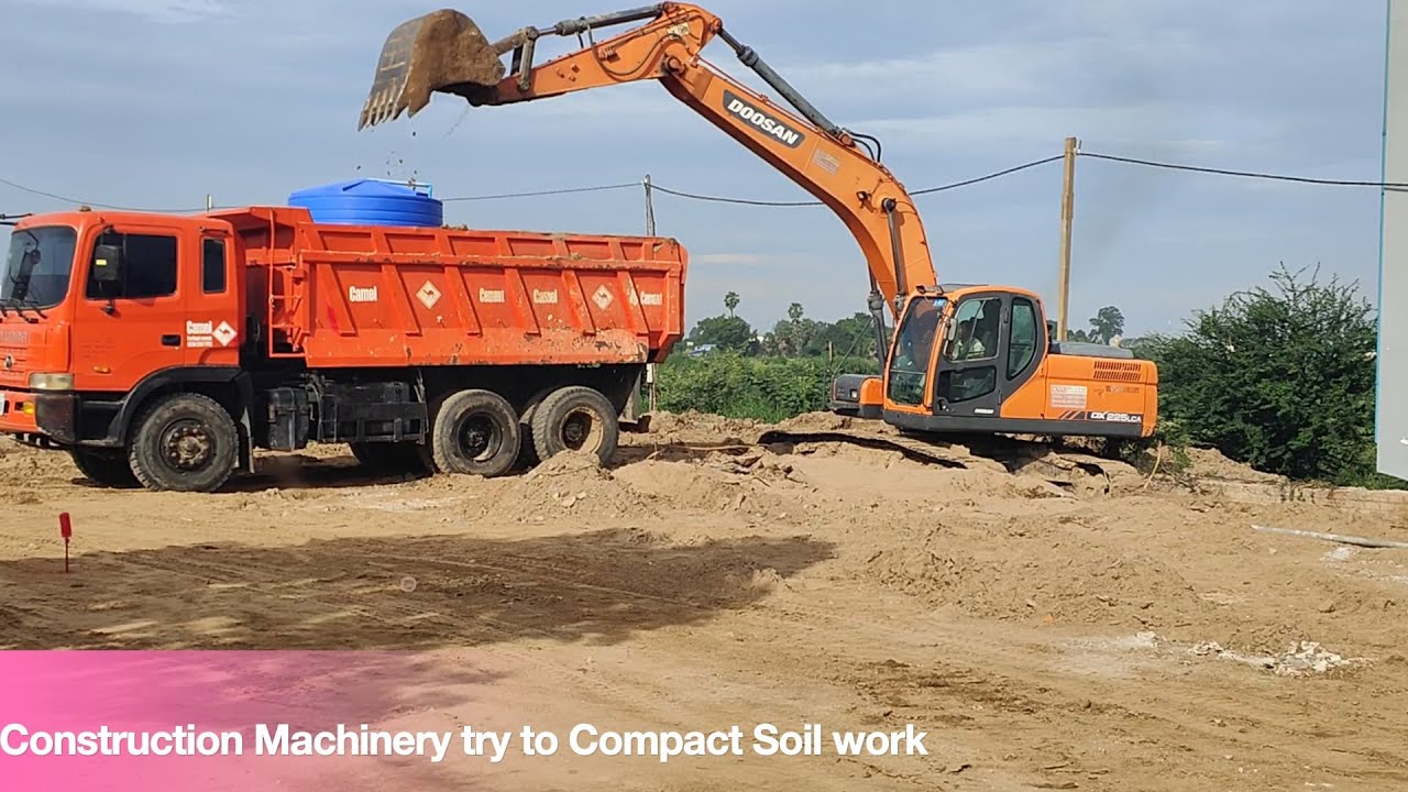 Construction Machinery try to Compact Soil work / Slope Protection Work ...