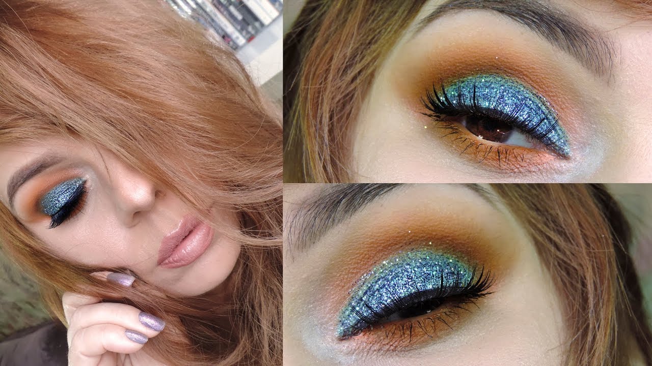 Tutorial de Maquiagem Fácil - Olho Com Glitter Azul e Esfumado Laranja ...