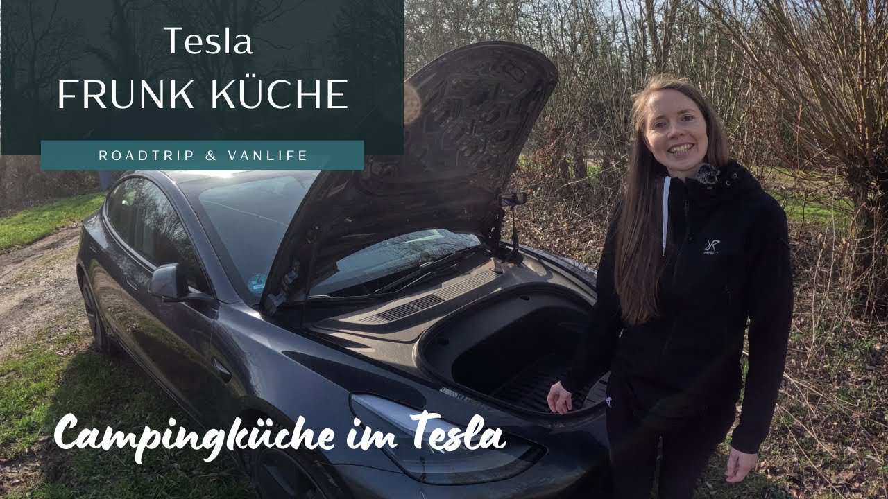 Küche im Tesla: Frunk im E-Fahrzeug für Küche genutzt. Für Roadtrip und ...