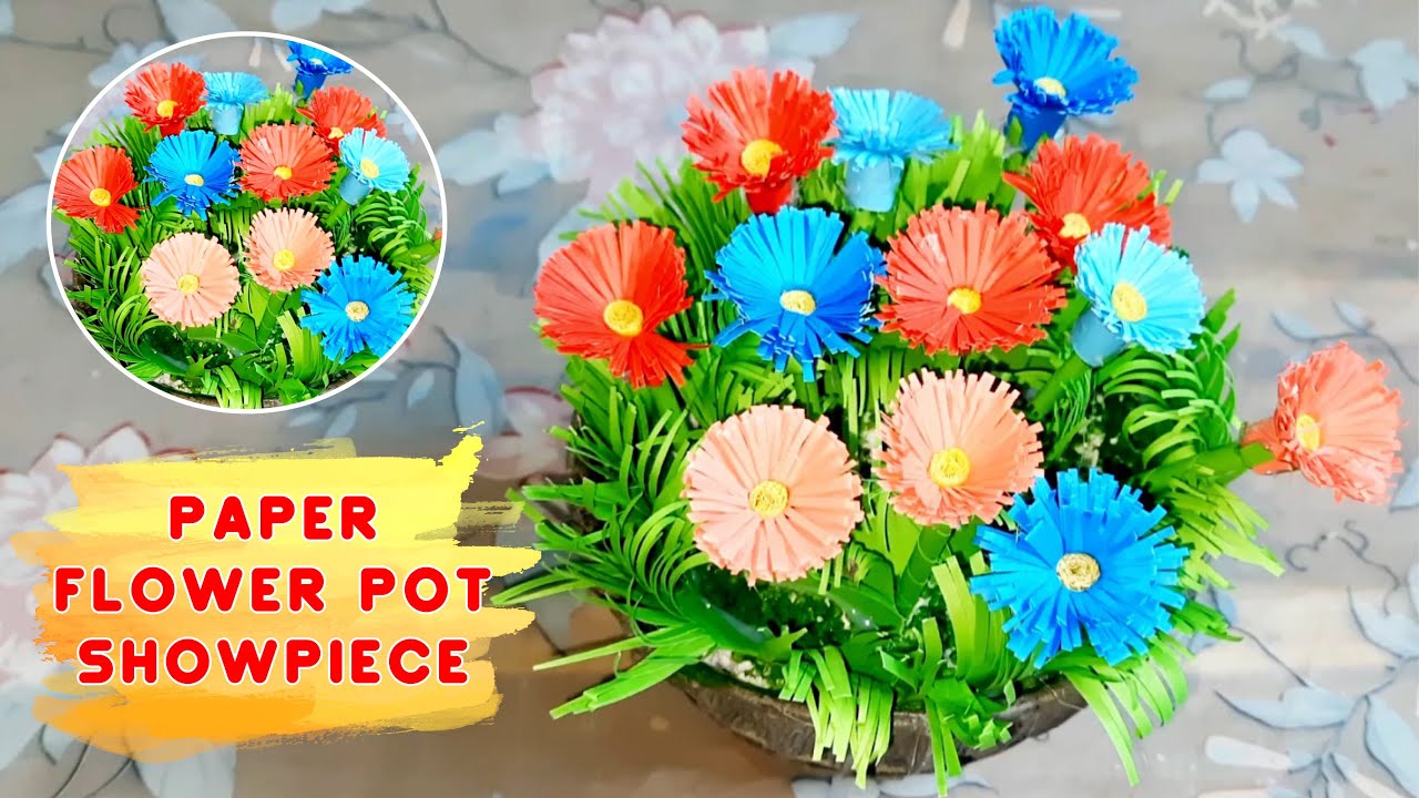 Paper flowers | Paper flower pot showpiece | Paper flower bouquet ...