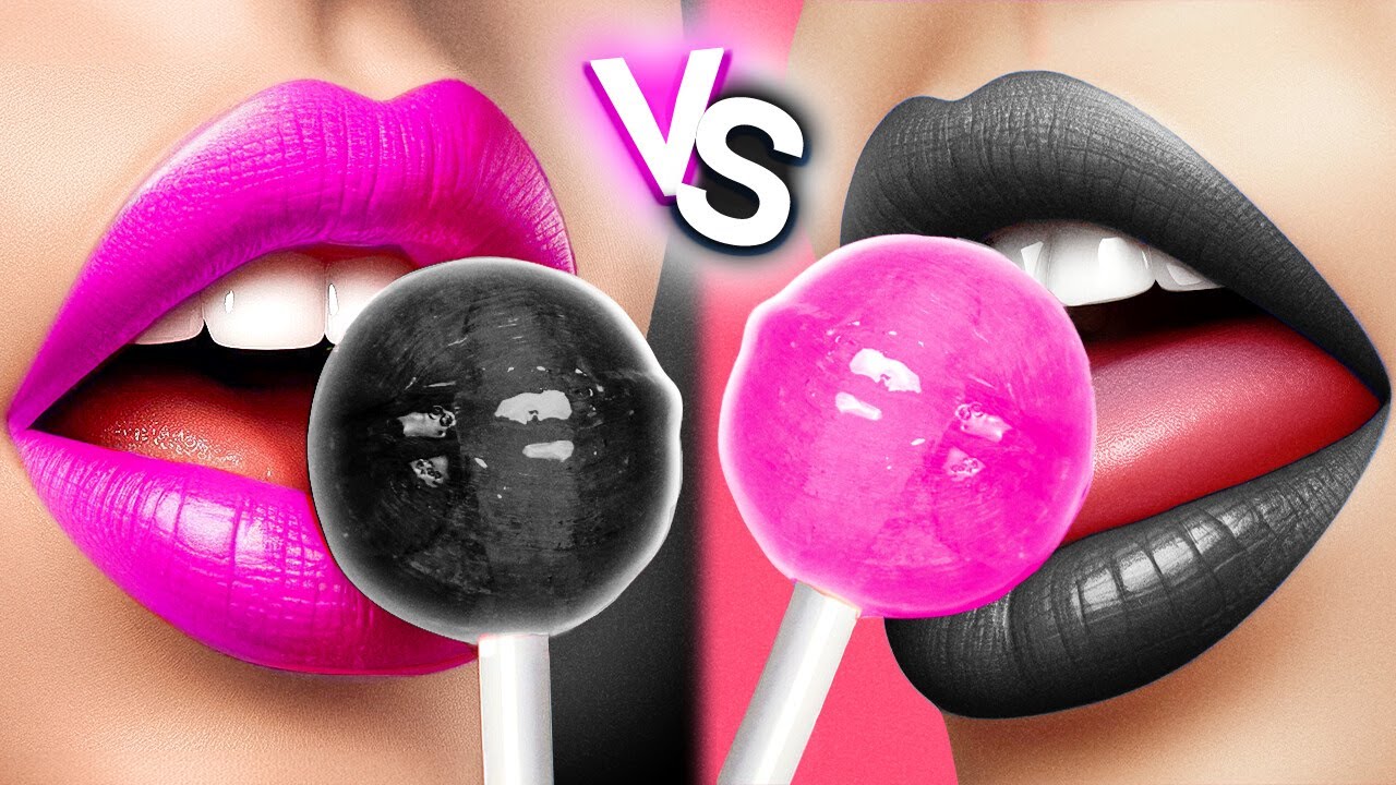 PINK VS BLACK! Food Color challenge! I eat onle one color of FOOD for ...