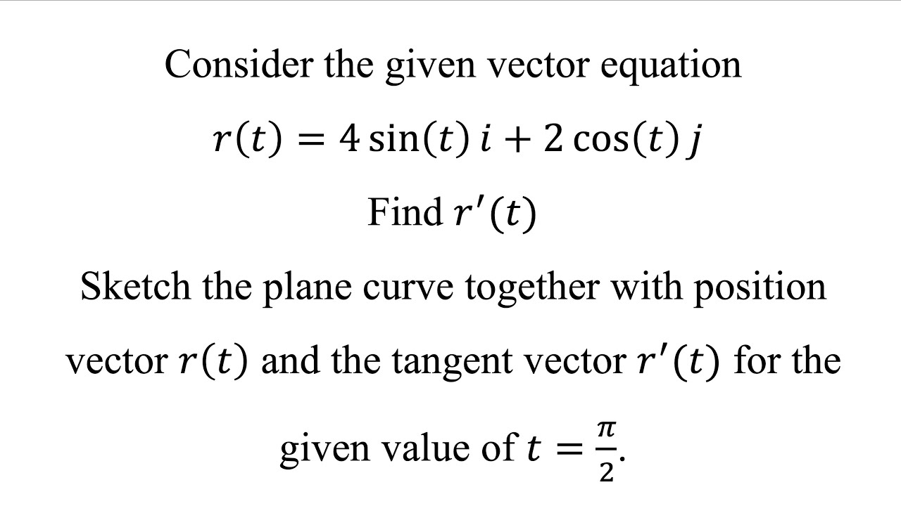 Consider the given vector equation 𝑟(𝑡)=4 sin⁡(𝑡)𝑖+2 cos⁡(𝑡)𝑗. Find 𝑟 ...